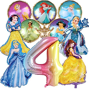 11PCS Princess Birthday Party Foil Balloons-40 Inch Rainbow Number 4 Balloons Girls Favorite Princess Baby Shower Party Decorations(Princess 4rd Birthday) (4th)