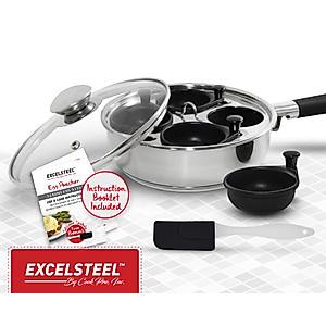 Excelsteel 18/10 Stainless Steel 4 Cup Egg Poacher, Non Stick Easy Use Rust Resistant Home Kitchen Breakfast Brunch Induction Cooktop Ready
