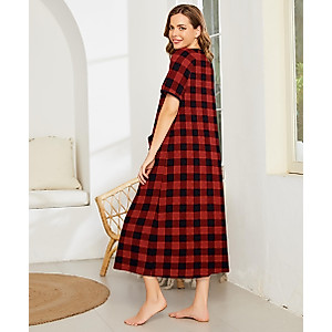 Ekouaer Women Robes Zipper Front Short Sleeve Full Length Housecoat with Pockets Loungewear Red Plaid,2XL