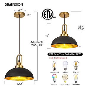 ALAISLYC Black Pendant Lights Matte Pendant Lighting for Kitchen Island Industrial Adjustable Height Vintage Dome Hanging Light Fixtures for Barn, Dining Room 3 Pack