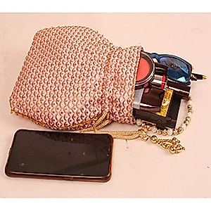 Indtresor beaded handcrafted brocade evening purse drawstring handbag vintage party wedding gift for women. Light Pink Gold