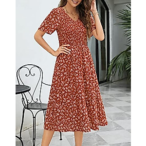 Annebouti Women 2023 Summer Short Sleeve V Neck Beach Modest Boho Floral Tiered Smocked Casual Midi Dress with Pockets Brown