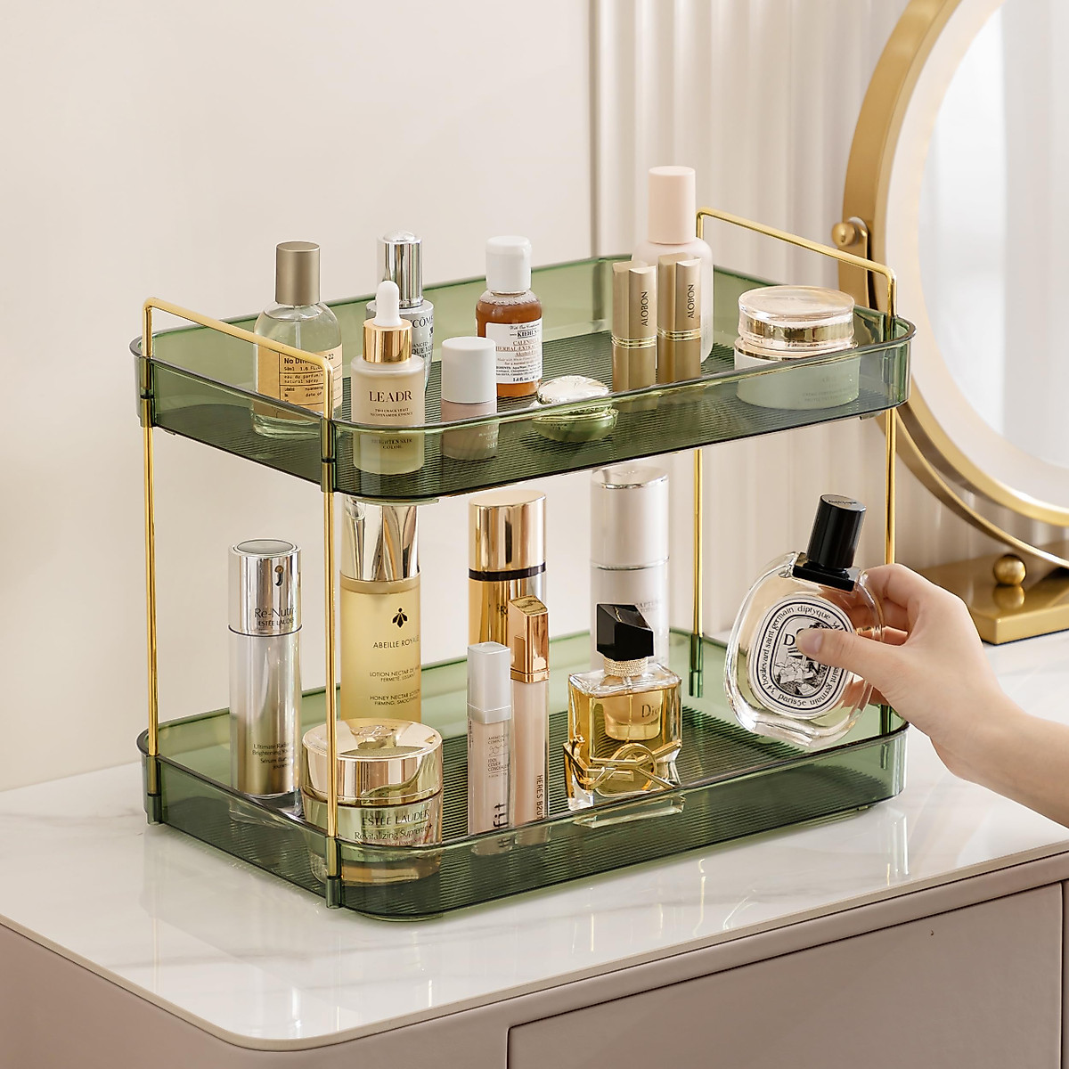 HBlife Bathroom Countertop Organizer 2 Tier Makeup Organizer Perfume Tray Skincare Storage Cosmetic Organizer Bathroom Counter Shelf, Clear Green