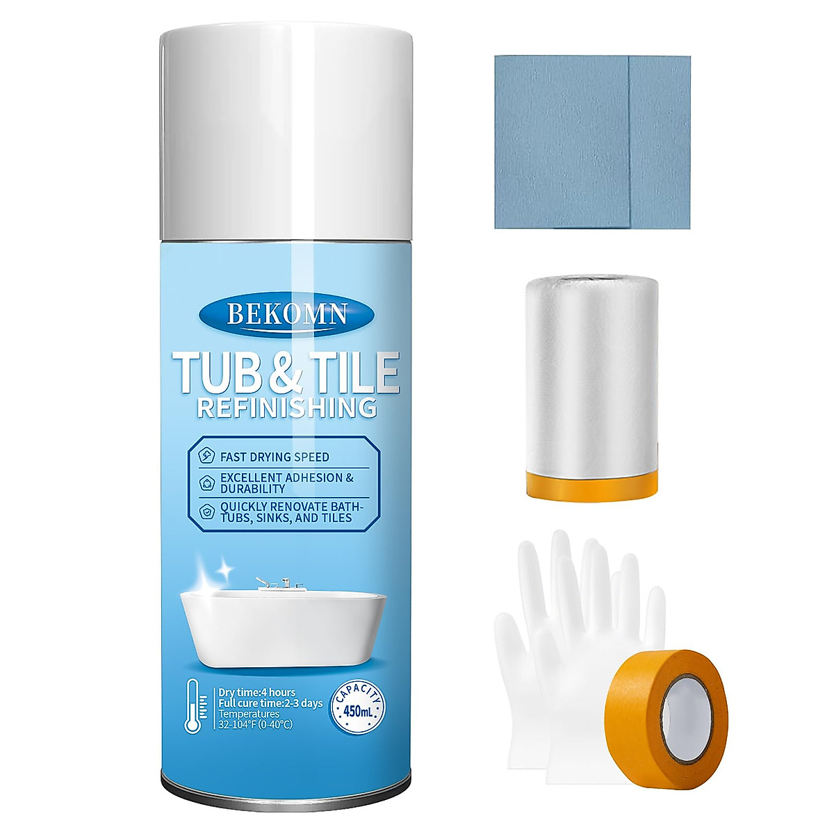 BEKOMN Tub and Tile Spray Paint White,450ml,Aerosol Bathtub Refinishing Kit for Porcelain Ceramic Fiberglass, DIY Resurfacing Bathroom Tile Sink Countertop