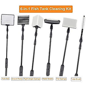 hygger Carbon Fiber 6 in 1 Aquarium Cleaning Tool Kit Algae Scraper Scrubber Pad Sponge Telescopic Handle Fish Tank Brush Cleaner Set for Saltwater Freshwater