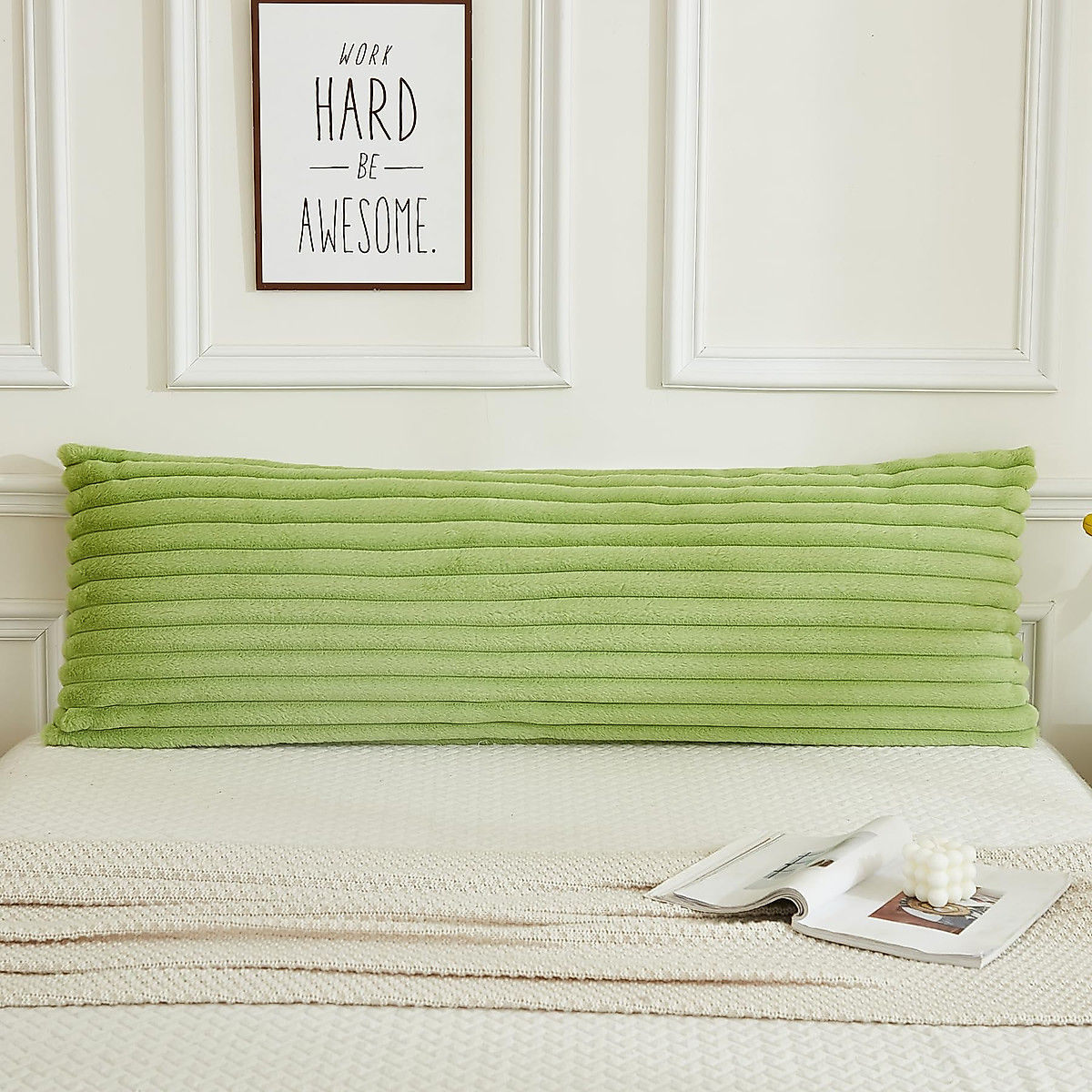 JAUXIO Faux Fur Fluffy Body Pillow Cover Luxury Striped Plush Decorative Body Pillowcase, Ultra Soft and Cozy Zipper Closure 21 x 54 Inches, Apple Green