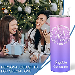 Personalized Girls Trip Tumbler, Custom Beach Vacation Tumbler with Name, Girls Trip Cups, 20 oz Skinny Tumbler with Lids and Straws, 2025 Girl Weekend Gift, Bachelorette Trip Gifts