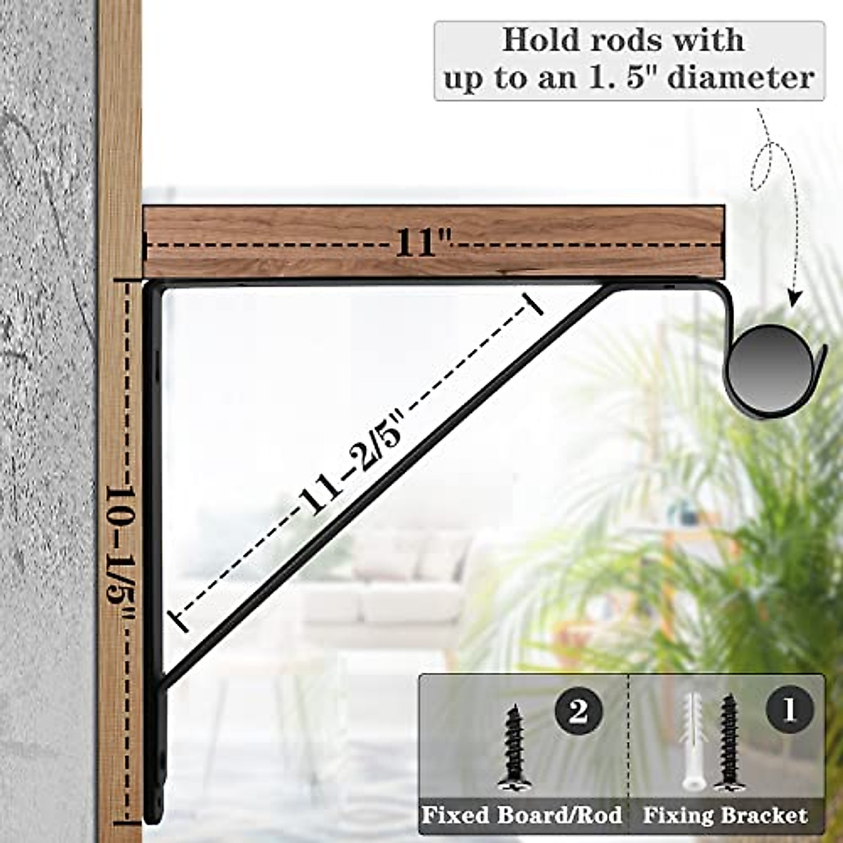 Closet Rod Bracket, Heavy Duty Shelf Bracket with Rod Holder, 11x 10 inch Black Closet Rod Support Wall Mounted Clothes Hanger Pole Support Hooks, 2 Pack