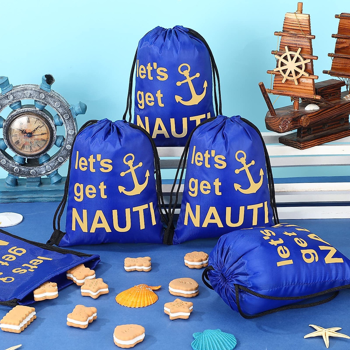 Kacctyen Let's Get Nauti Crew with Drawstring Gift Bag Nautical Anchor Cruise Goodie Bags for Party Decor, 7 x 10 Inch(12 Pcs)