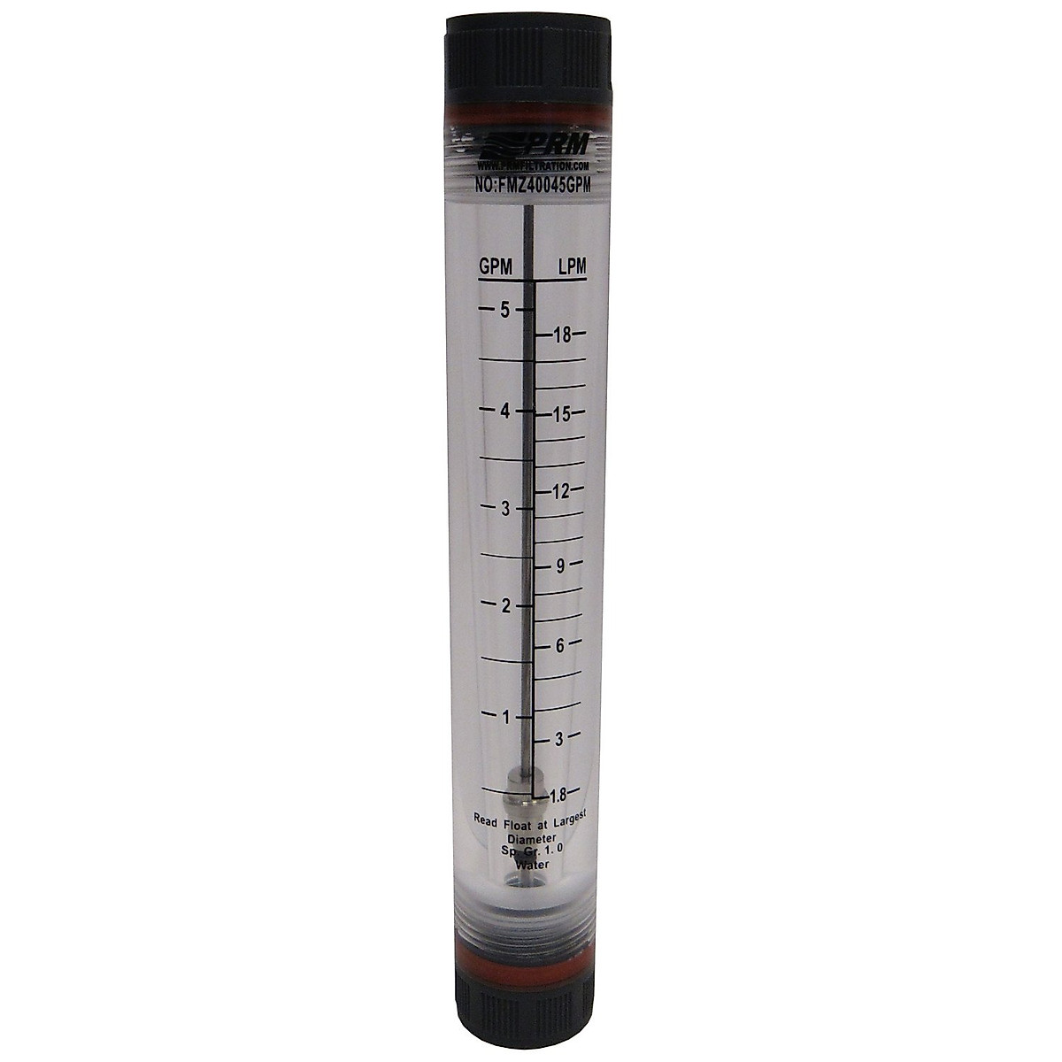 PRM 1-5 GPM Water Rotameter Flow Meter, 1/2 Inch FNPT Connector, 316 SS Plunger & Travel Rod, Viton Seals, Acrylic Body with PVC Ends, ±4% Accuracy, 85 PSI Max Pressure