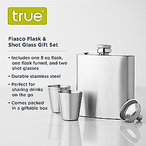 True Fiasco Silver Flask and Shot Glass Set - Stainless Steel Flask with Screw Top for Alcohol - 2 Shot Glasses and 8oz Liquor Flask for Men or Flask for Women - Set of 3