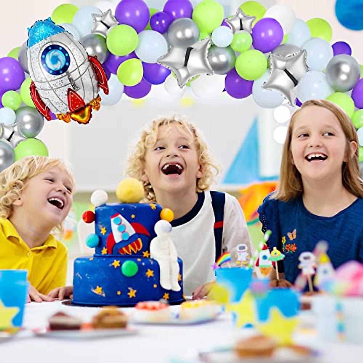134 Pieces Buzz Birthday Party Balloon Garland Arch Kit 10 5 inch Purple Green Silver White Latex Balloons with Rocket Star Foil Balloon for Buzz Themed Birthday Party Decorations
