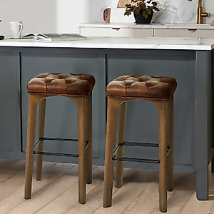 BarEasy Bar Height Stools, 2pcs Leather Wood Bar Stoolst for Kitchen Island(Brown) 1