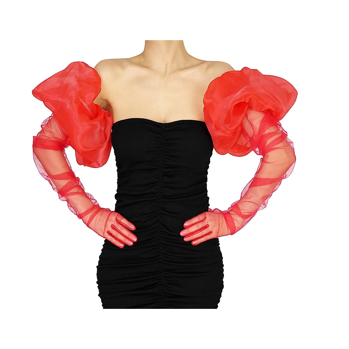 XXDingbs Super Puff Sheer Long Gloves Oversize Tulle Mesh Gloves for Cocktail Opera Party Gloves with Ruffle Long Sleeve Red