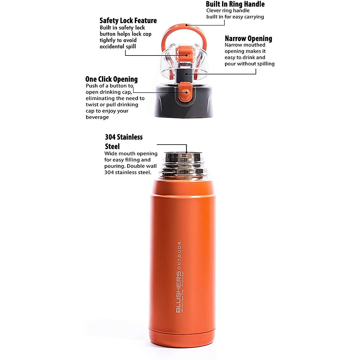 Blushers 650ml (22oz) Double Wall Vacuum Insulated 304 Stainless Steel To Go Travel Mug, One Touch Lock Lid Thermos Water Bottle (Orange - 3 Piece Set)