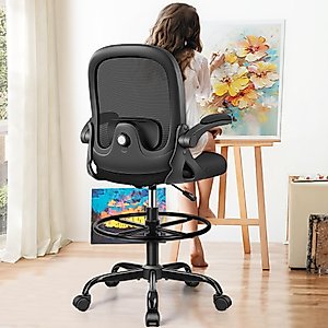 AtHope Drafting Chair, Tall Office Chair Ergonomic Standing Desk Chair,with Adjustable Footrest Ring, 3D Lumbar Support, Flip-up Armrests, Swivel Desk Stool for Drawing Working (Black)