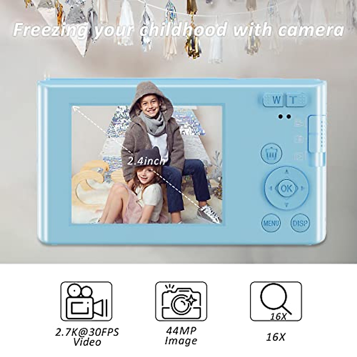 Digital Camera 4K 44MP with 32GB SD Card, 2.4 Inch Point and Shoot Camera with 16X Digital Zoom, Compact Mini Camera Kids Camera for Teens Boys Girls Adults Students Seniors(DC6-X3 Blue1)