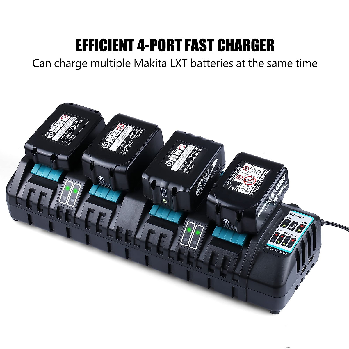 18V DC18SF 4-Port Fast Charger with Dual USB Port Compatible with 14.4V 18V LXT Li-ion Battery BL1840 BL1850 BL1860 BL1890, Replacement for 18 Volt Battery Charger DC18RC DC18RD