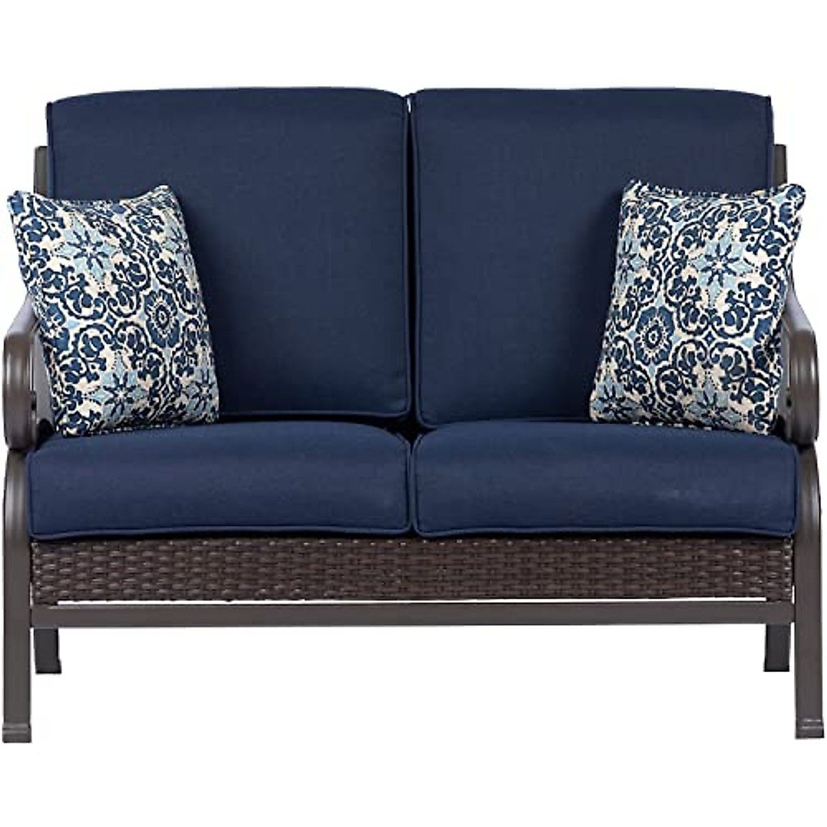 Hanover 4-Piece Madrid Outdoor Patio Furniture Chat Set, 2 Swivel Rocker Side Chairs, Loveseat, Glass Top Coffee Table, All-Weather Hand-Woven Wicker, Aluminum Frames, Thick Cushions, Navy