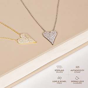 PORI JEWELERS 925 Sterling Silver Cubic Zirconia Pave Heart Charm Pendant Necklace - 18" Anchor Chain (Silver)