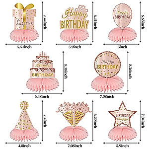 Pink Rose Gold Birthday Honeycomb Centerpieces Decorations for Women Girls, 8Pcs Rose Gold Happy Birthday Table Centerpieces Party Supplies, 10th 16th 21st 30th 40th 50th 60th Bday Table Topper Decor