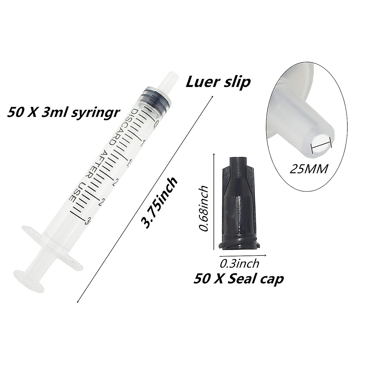 50 Pack 3ML Plastic Syringe Luer Slip with Cap, Great for Measuring, Refilling Watering and Pets Feeding, Not-Sterile (3ML)