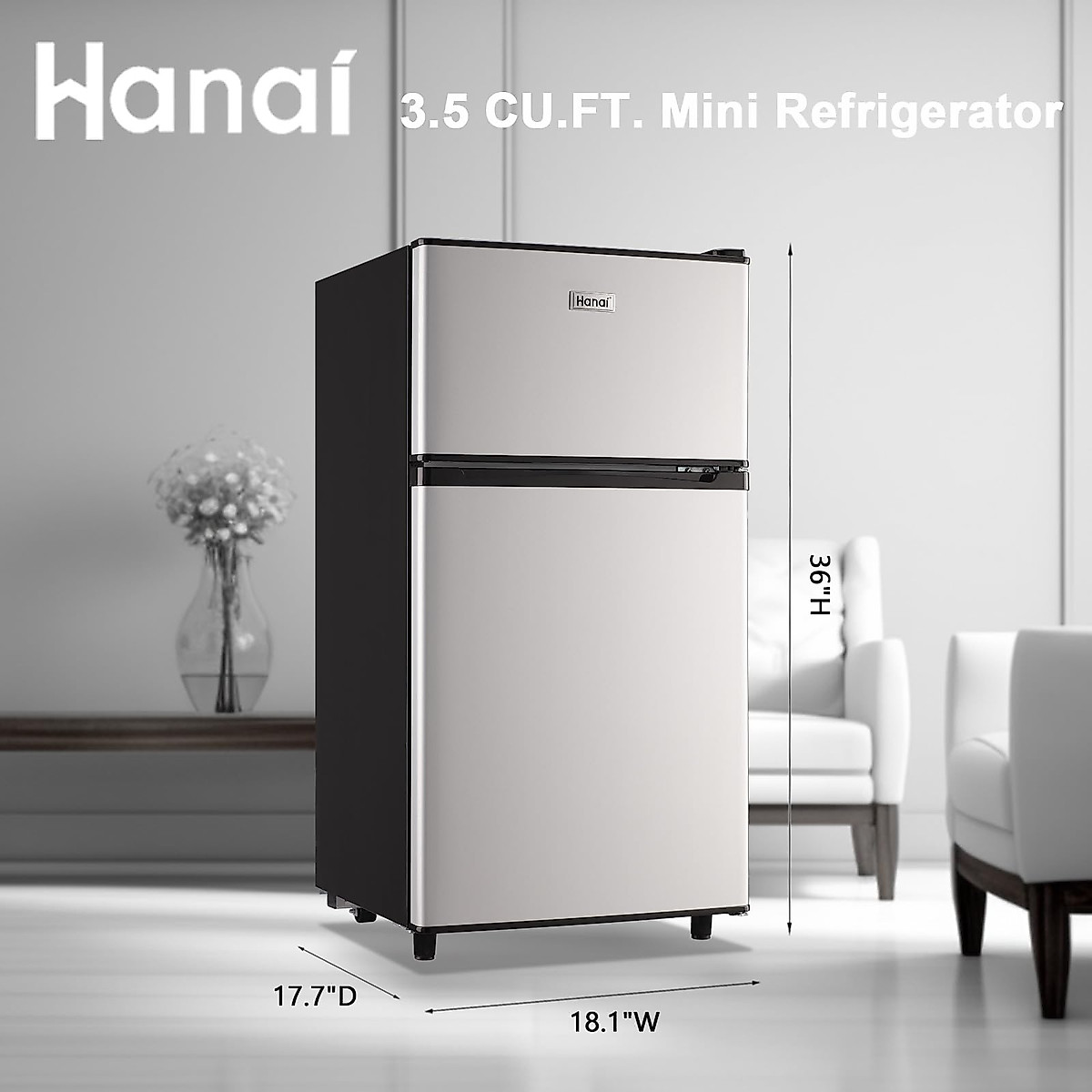WANAI Compact Refrigerator 3.5 Cu.ft Mini Fridge with Freezer, Small Refrigerator with 7 TEMP Modes, Energy Saving, Low Noise for Bedroom, Dorm, Office, Apartment, Sliver