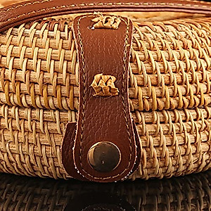 Daisy Lucky W Hand-woven round rattan bag PU leather shoulder strap Beach grass woven messenger women's bag Ladies Bohemian handbag Pure natural hand-made rattan woven wallet (Leather buckle)