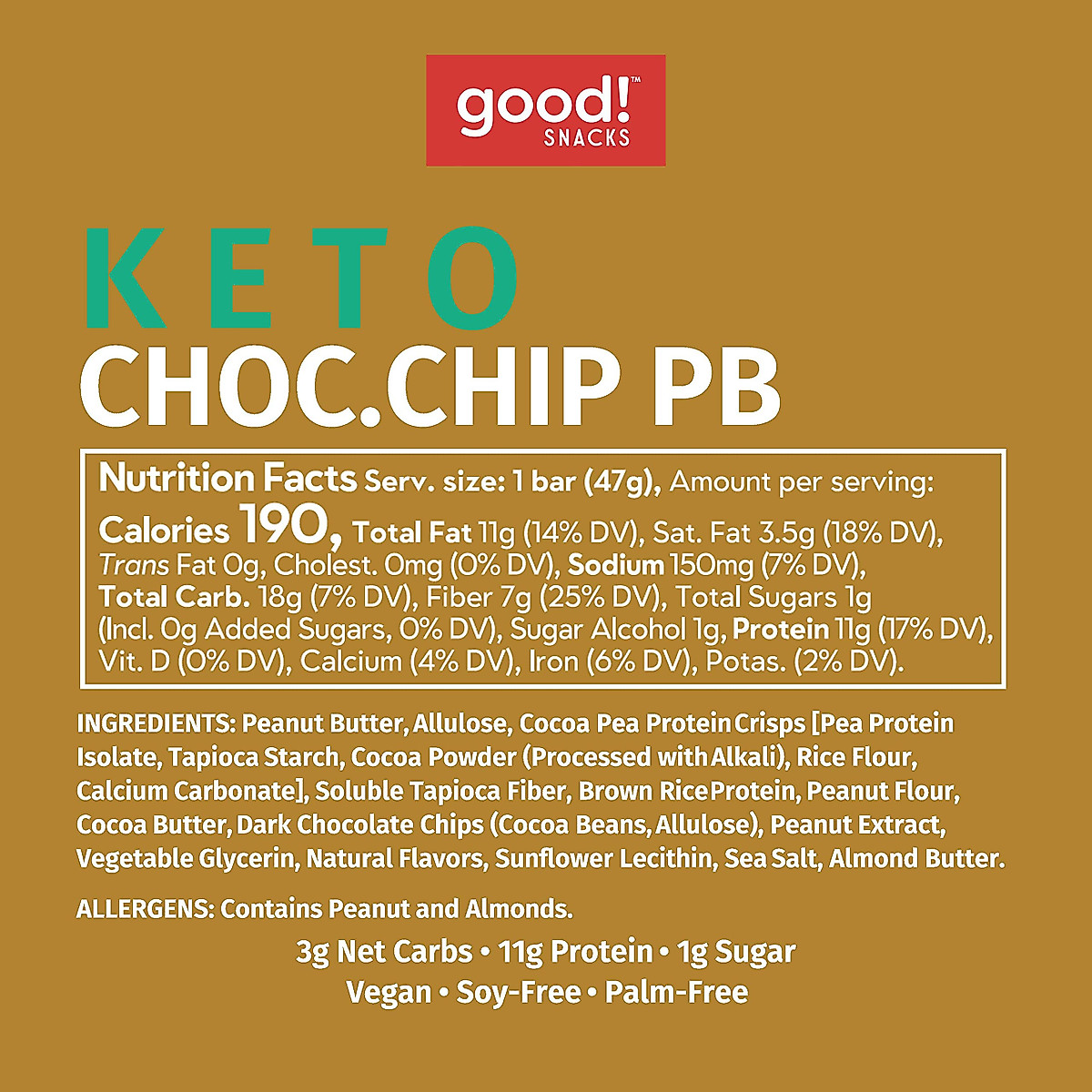 good! Snacks Keto Vegan Protein Bars, Chocolate Chip Peanut Butter, Gluten Free Keto Snack Bar, Low Carb, Low Sugar Meal Replacement, High Protein Healthy Snacks, 11g Protein, 3g Net Carbs, 12 Bars