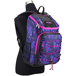 FUEL Wide Mouth Sports Luggage Backpack with Front Bungee and Inner Tech Pocket, Black/Hot Pink/Galaxy Print
