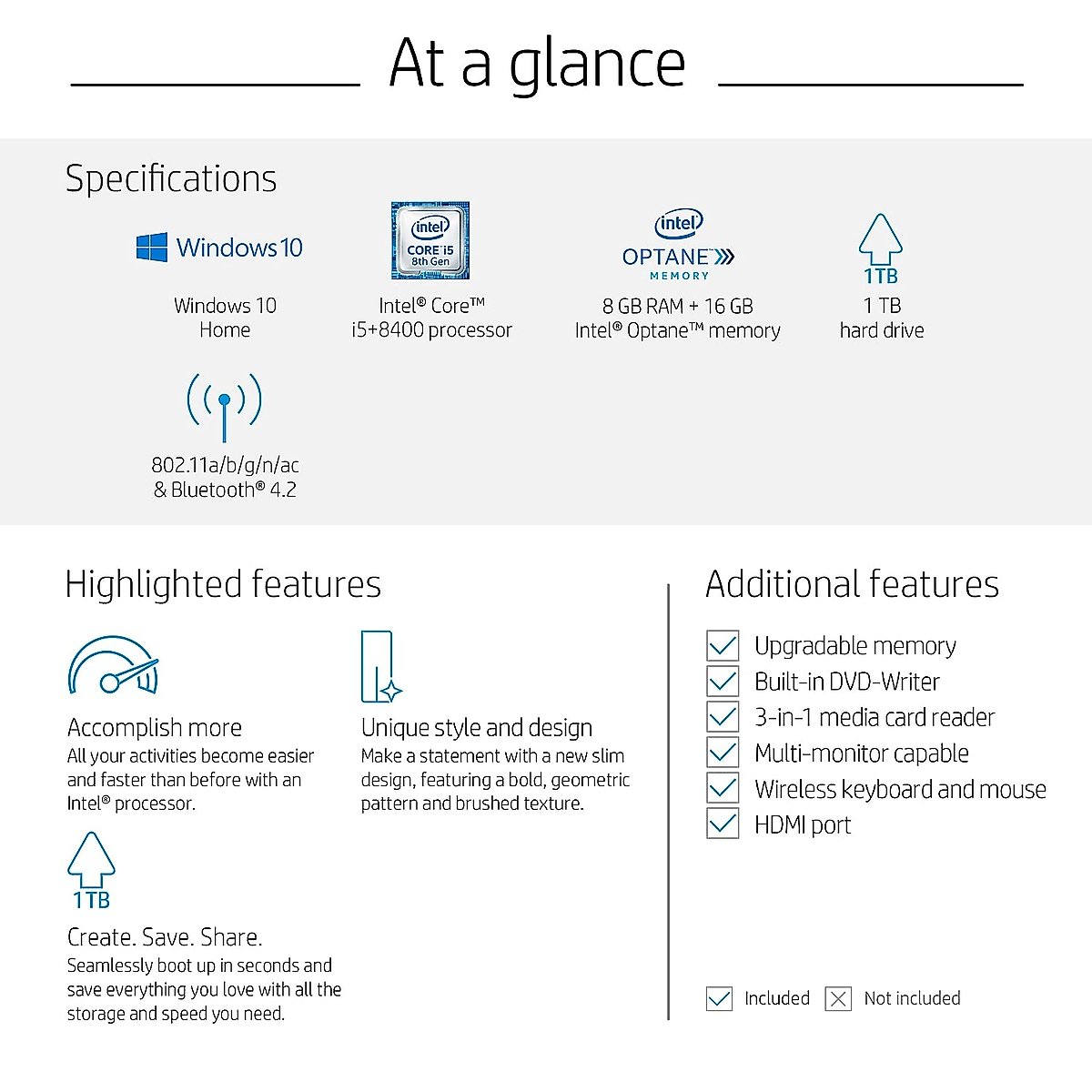 HP Pavilion (590-p0050) Desktop Computer with Intel Core i5+8400 Processor, 8GB RAM and 16 GB Intel Optane Memory, 1TB Hard Drive, Windows 10 (Silver)