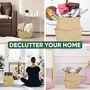 Blueming Home Decor Plant Basket – Large Seagrass Belly Basket Planter, Woven Rattan Wicker Plant Pot for Tall Indoor Plants with Handles, Round Decorative Boho Planters (Original, 10-11 Inch)