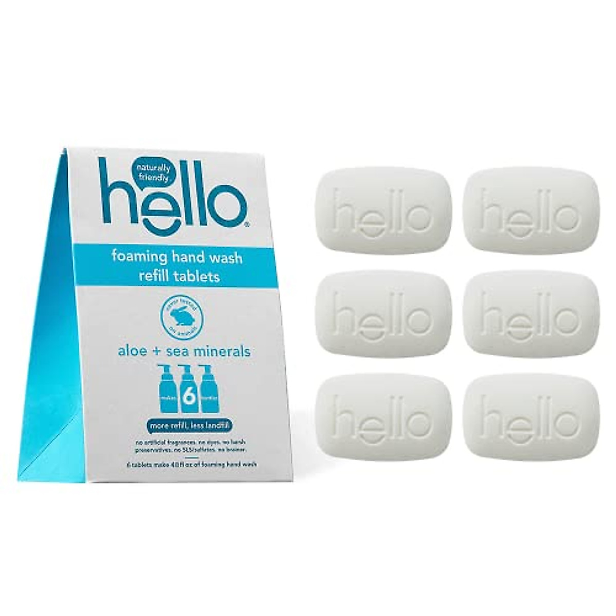 hello Foaming Hand Soap Tablets for Refilling, Dissolvable Hand Soap with Aloe and Sea Minerals Fragrance, Plant Based Soap Ingredients, No Harsh Preservatives, 6 Pack, 0.31 OZ Each