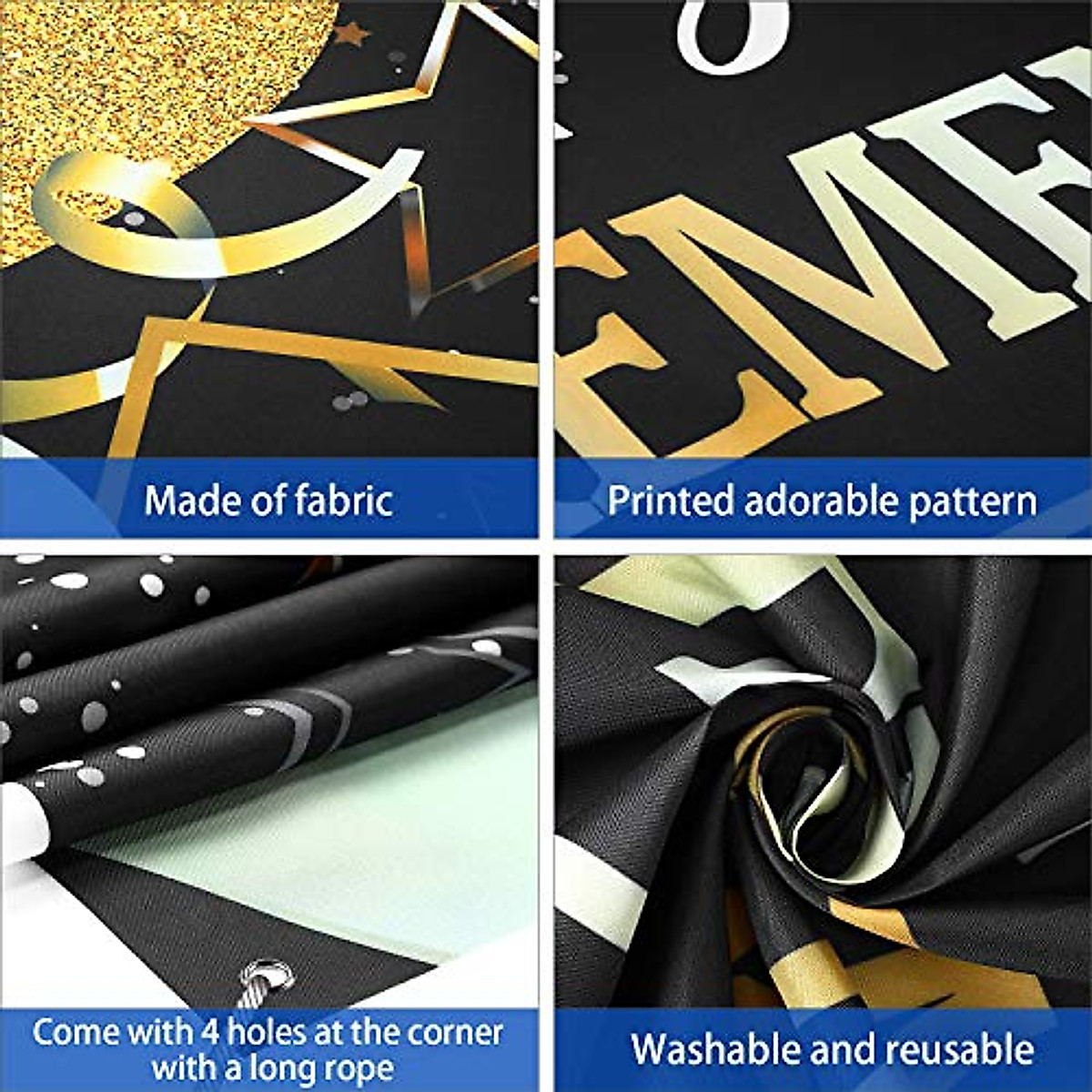 Happy Retirement Party Decorations, Extra Large Fabric Black and Gold Happy Retirement Sign Banner Photo Booth Backdrop Background with Rope for Retirement Party Favor, 70.8 x 43.3 Inch