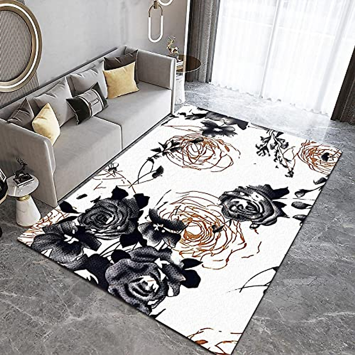 Black Metallic Rose Area Rug, Modern Minimalist Romance Indoor Non-Slip Kids Rugs, with Anti-Slip Easy Clean Carpet for Living Room Bedroom Kitchen Dining Room Home Office Floor Rug,5 x 7ft