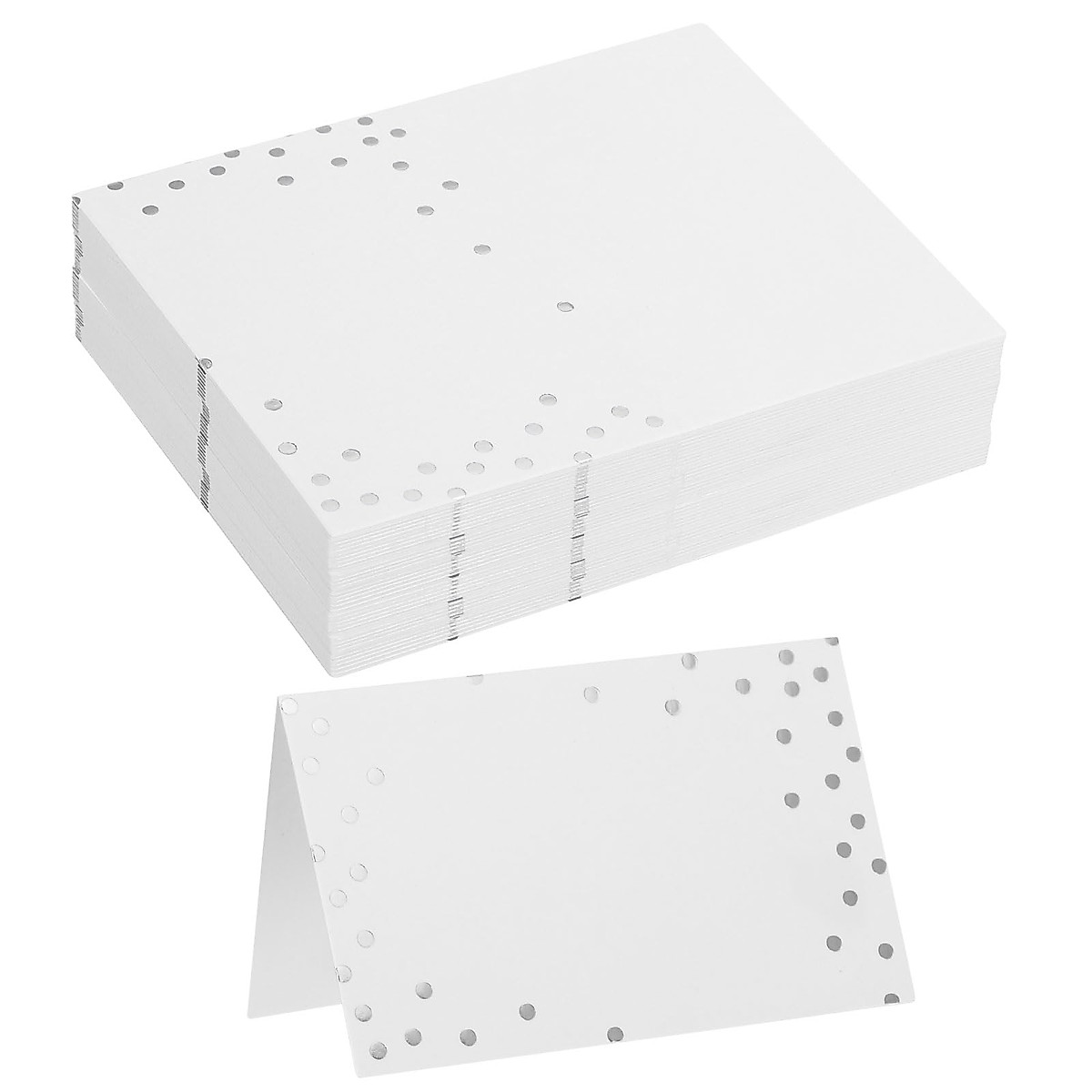 MECCANIXITY 40pcs Place Cards, Line Border Printable Place Name Cards for Table Setting Wedding Dinner Parties Events Reserved Seating, White Silver Dots