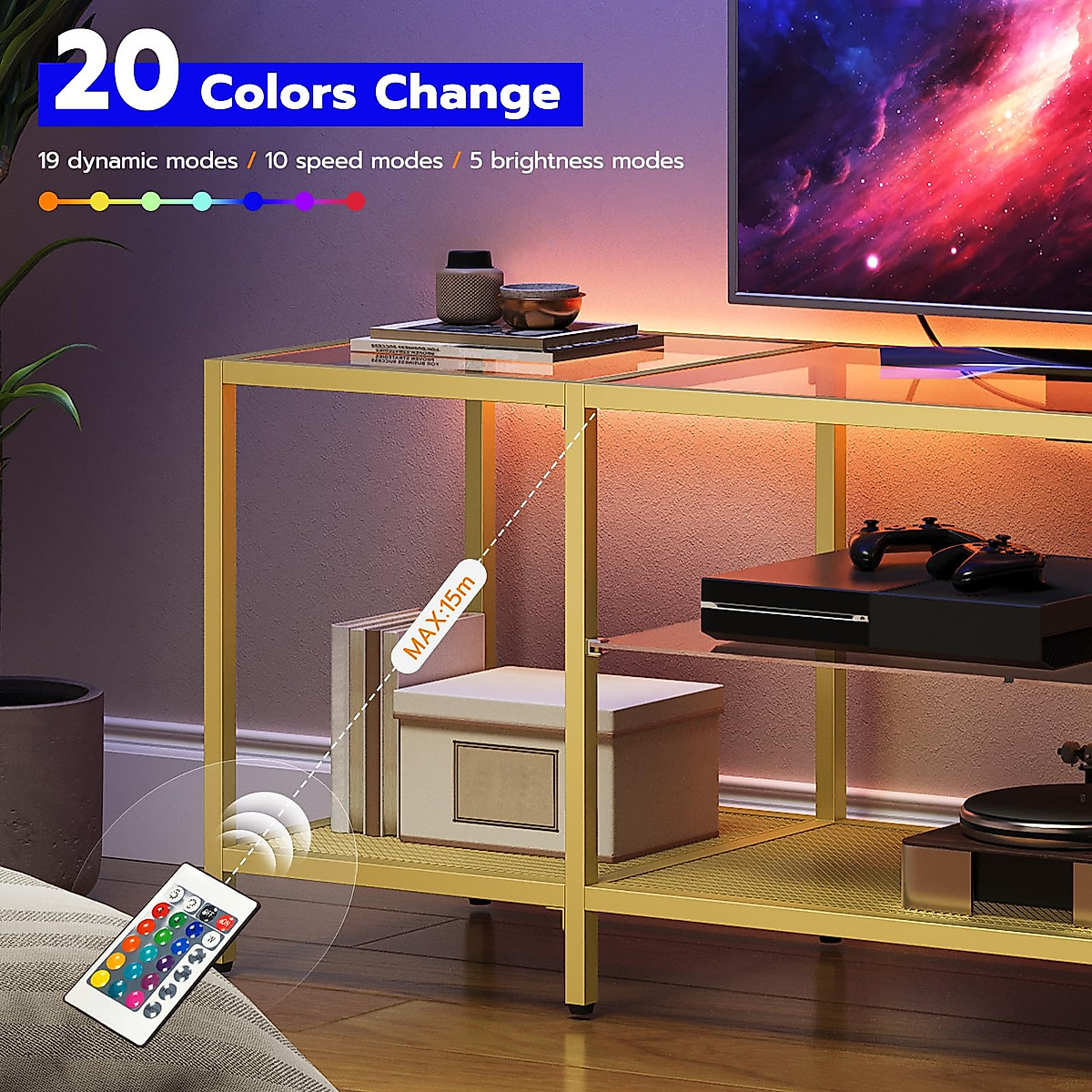 HOOBRO TV Stand with LED Lights and Power Outlets for TVs up to 65", Modern 55 Inch Tempered Glass TV Console Table with Open Shelves, Media Entertainment Center for Living Room, Gold GD145UDS01