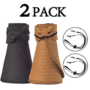 Women Sun Visors Foldable Straw Hats Summer Beach Packable Hat Floppy Wide Brim Cap Big Heads Sombrero (Black+Khaki)