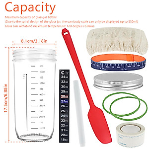 Sourdough Starter Jar, Aluminium Lid Sourdough Starter Container Clear Glass Sourdough Fermentation Jar 730ml with Cloth Cover Spatula Elastic Band Thermometer Strip Labels Pen for Bread Baking