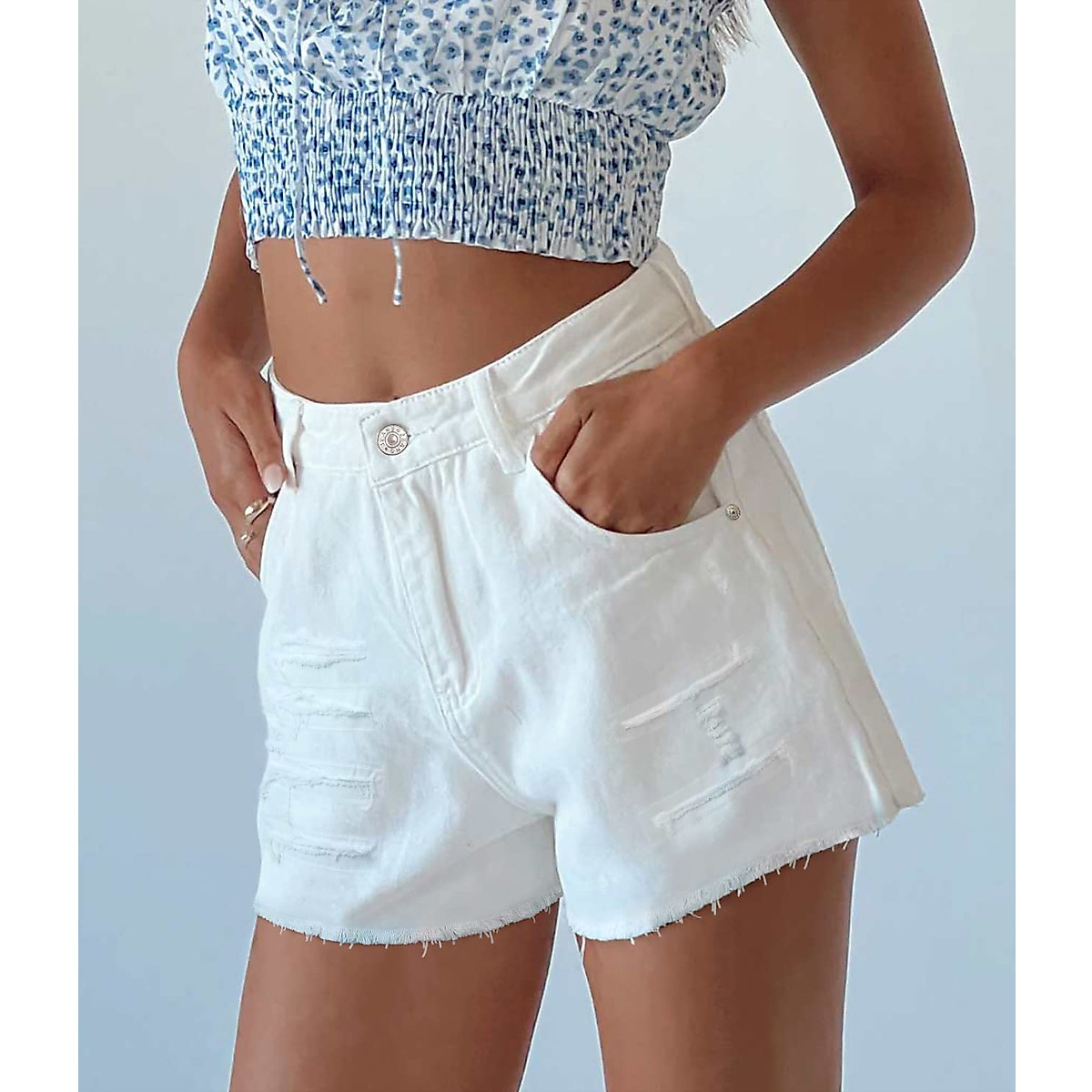 CHICZONE Jean Shorts Womens High Waisted Plus Size Frayed Destroy Stretch Ripped Denim Shorts White XXL