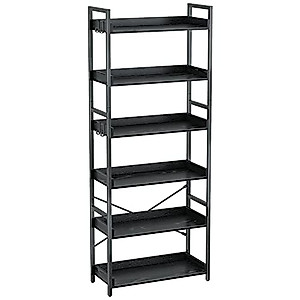 Rolanstar Bookshelf 6 Tier with 4 Hooks, Industrial Wood Bookcase, Vintage Storage Rack with Open Shelves, Rustic Standing Bookshelves Metal Frame Display Rack for Living Room, Bedroom
