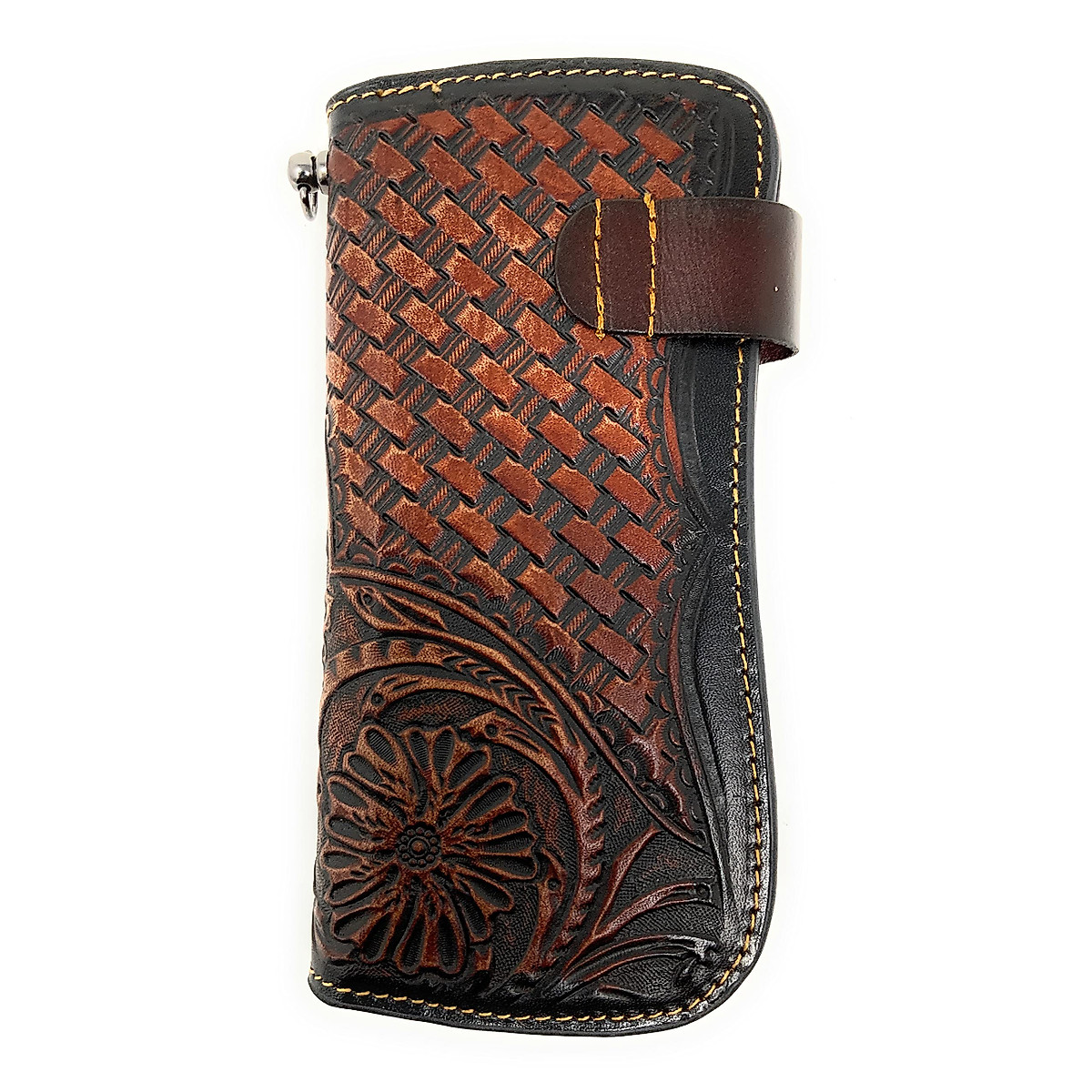 Large Concho and Print Flora Genuine Leather Women's Trifold Wallet/Cellphone Case with Exrta Wrist in 3 colors (Brown)