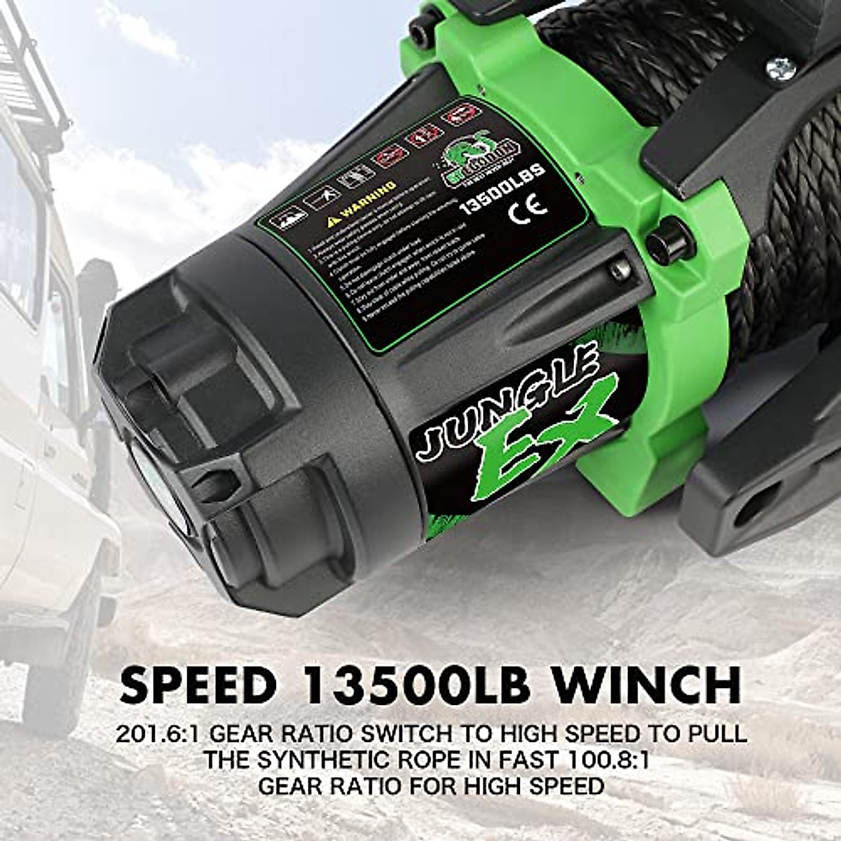 STEGODON Winch 13500 lb. Electric Winch Synthetic Rope Winch，12V Power Waterproof Winch with 2 in 1 Wireless Remote for Towing Jeep Truck Off Road (Jungle EX)
