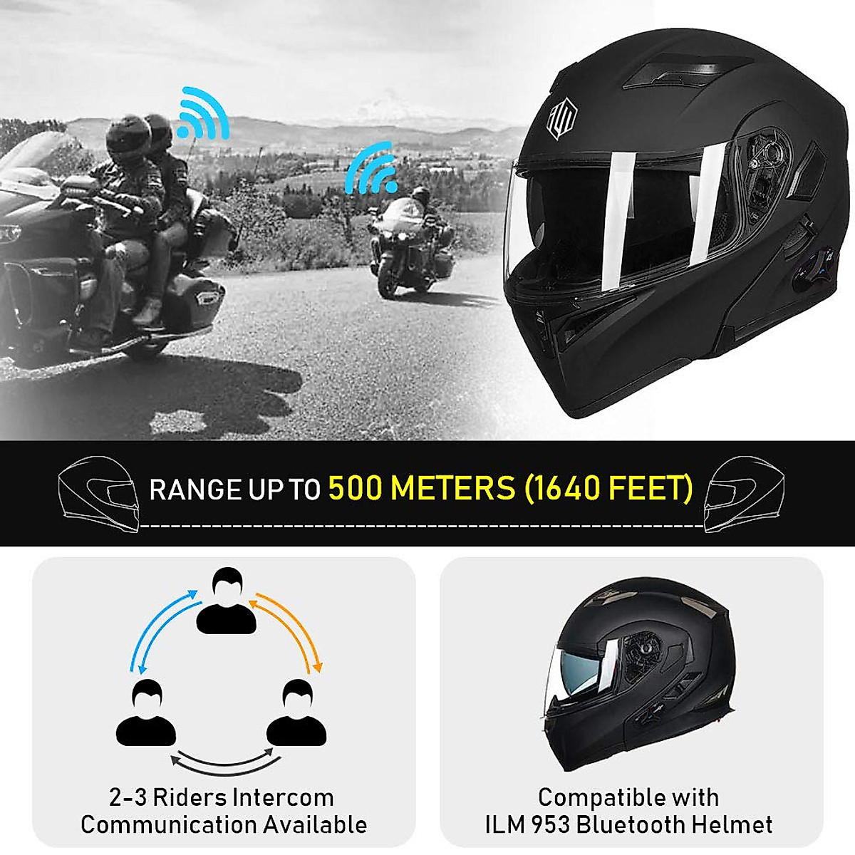 ILM Bluetooth Motorcycle Helmet Modular Flip up Full Face Dual Visor Mp3 Intercom FM Radio DOT Model 902BT(Matte Black, XL)