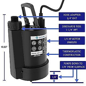 JEFLIKE 1/4HP Water Pump 1980GPH Utility Pump Sump Pump Submersible Thermoplastic Rotatable Handle for Hot Tub Basement Pond Pool Draining