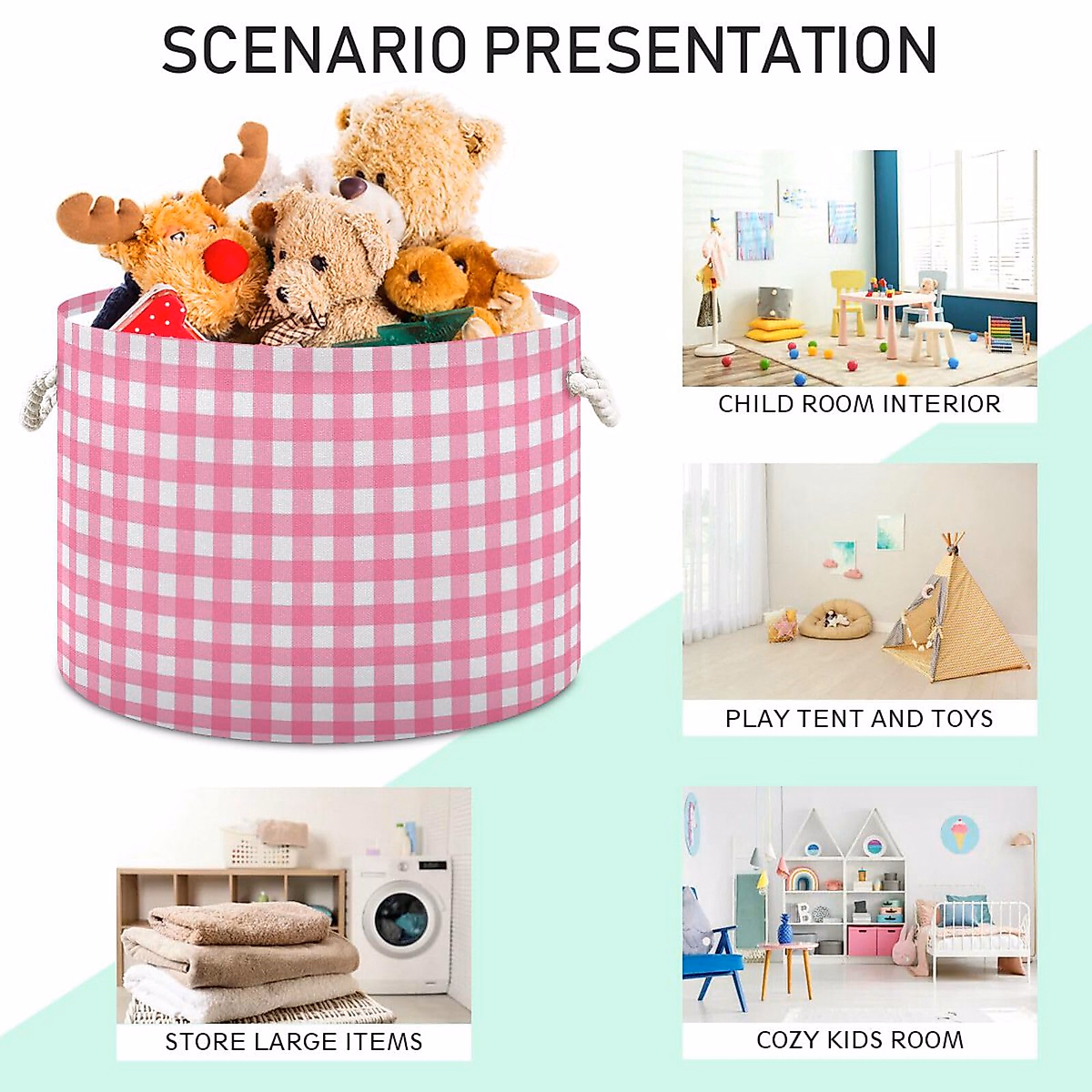 Gingham Hot Pink Plaid Storage Basket Round Collapsable Waterproof Decorative Baskets with Sturdy Handle Decoration for Toy Toy Cloth