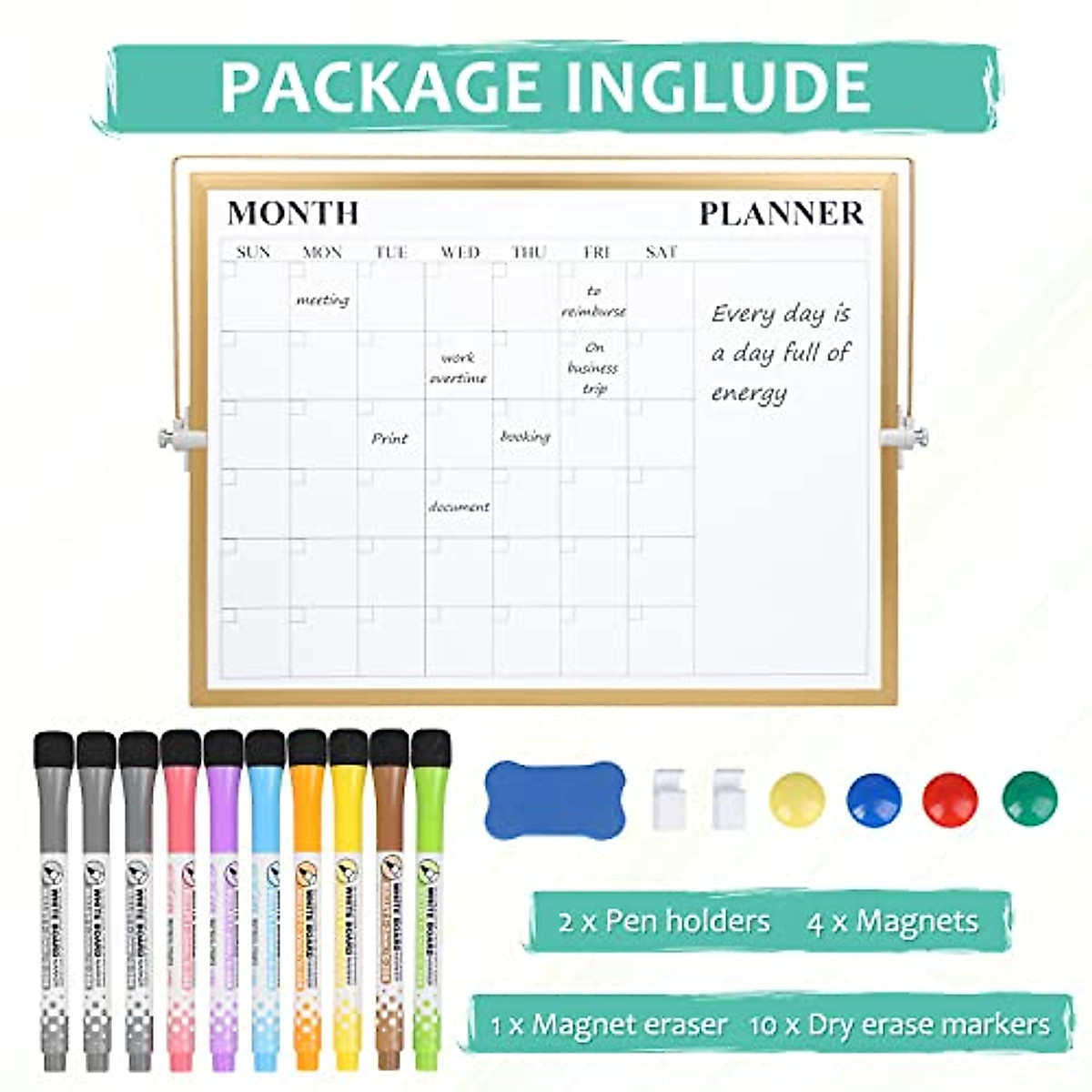 White Board, Jorking Dry Erase Calendar 16’’x12” Magnetic Desktop Whiteboard with Stand, Monthly whiteboard for wall Portable Double-Sided Dry Erase Board for Kitchen, Office, School, Gift idea,Golden