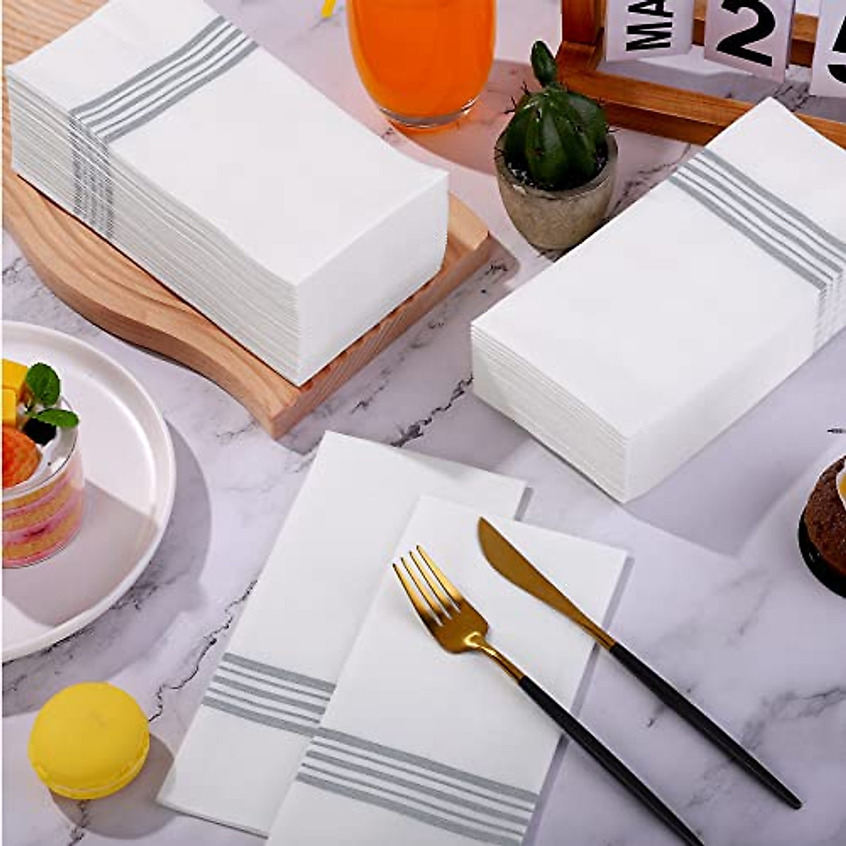 TURSTIN 200 Pack Disposable Dinner Napkins Paper Silver Guest Towels Disposable Soft and Absorbent Linen-Feel Paper Hand Towels Decorative Bathroom Napkins for Kitchen, Parties, Wedding