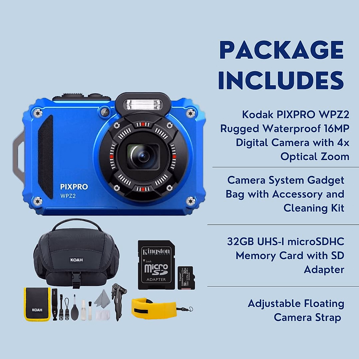Kodak PIXPRO WPZ2 Rugged Waterproof 16MP Digital Camera with 4x Optical Zoom (Blue) Bundle with Koah Nostrand Gadget Bag, Floating Camera Strap (Yellow), and 32GB UHS-I microSDHC Memory Card (4 Items)