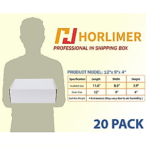 HORLIMER 12x9x4 inches Shipping Boxes Set of 20, White Corrugated Cardboard Box Literature Mailer